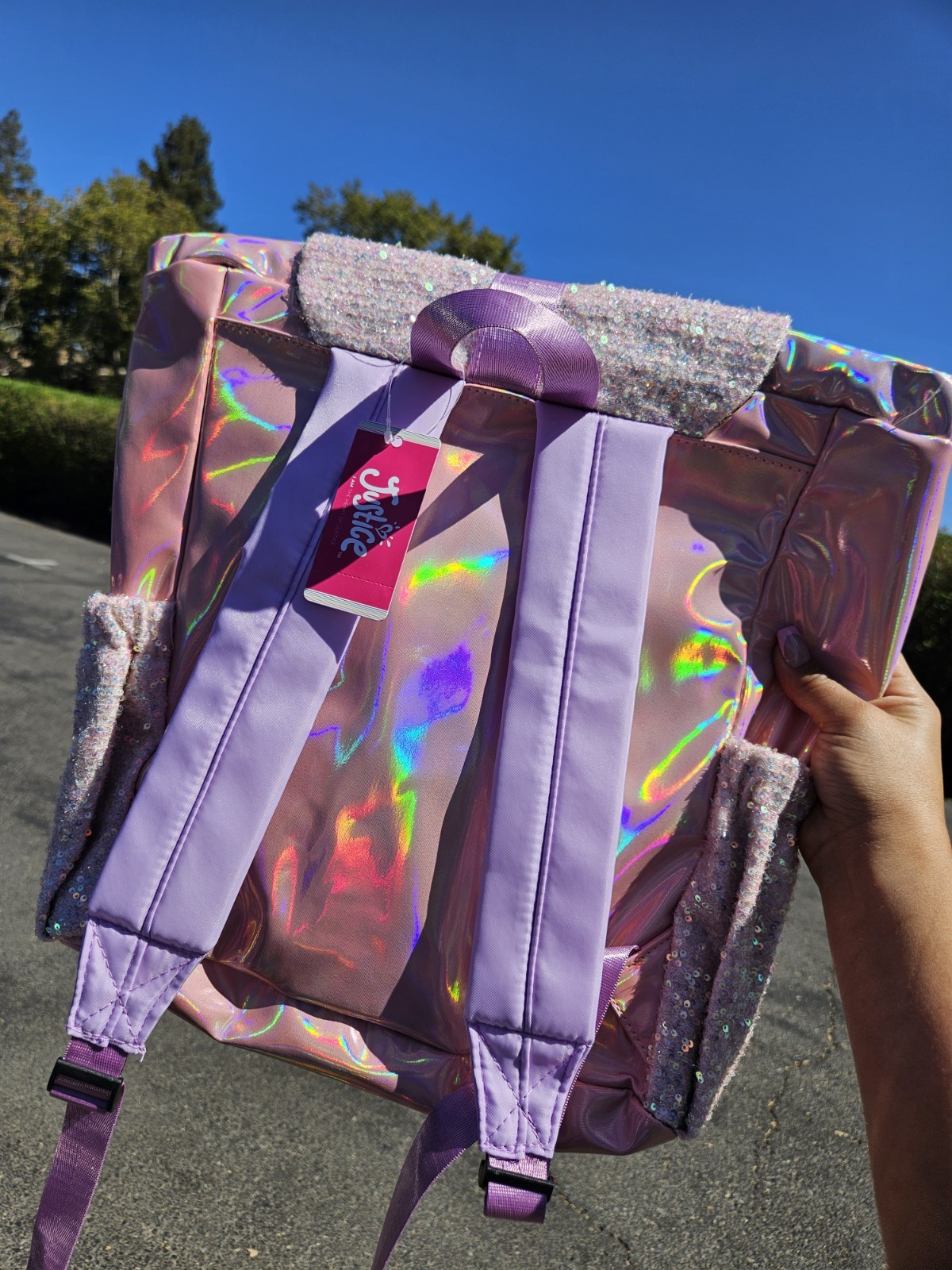 Justice Girls Large Pink/Purple Holographic Glitter Buckle Backpack ...