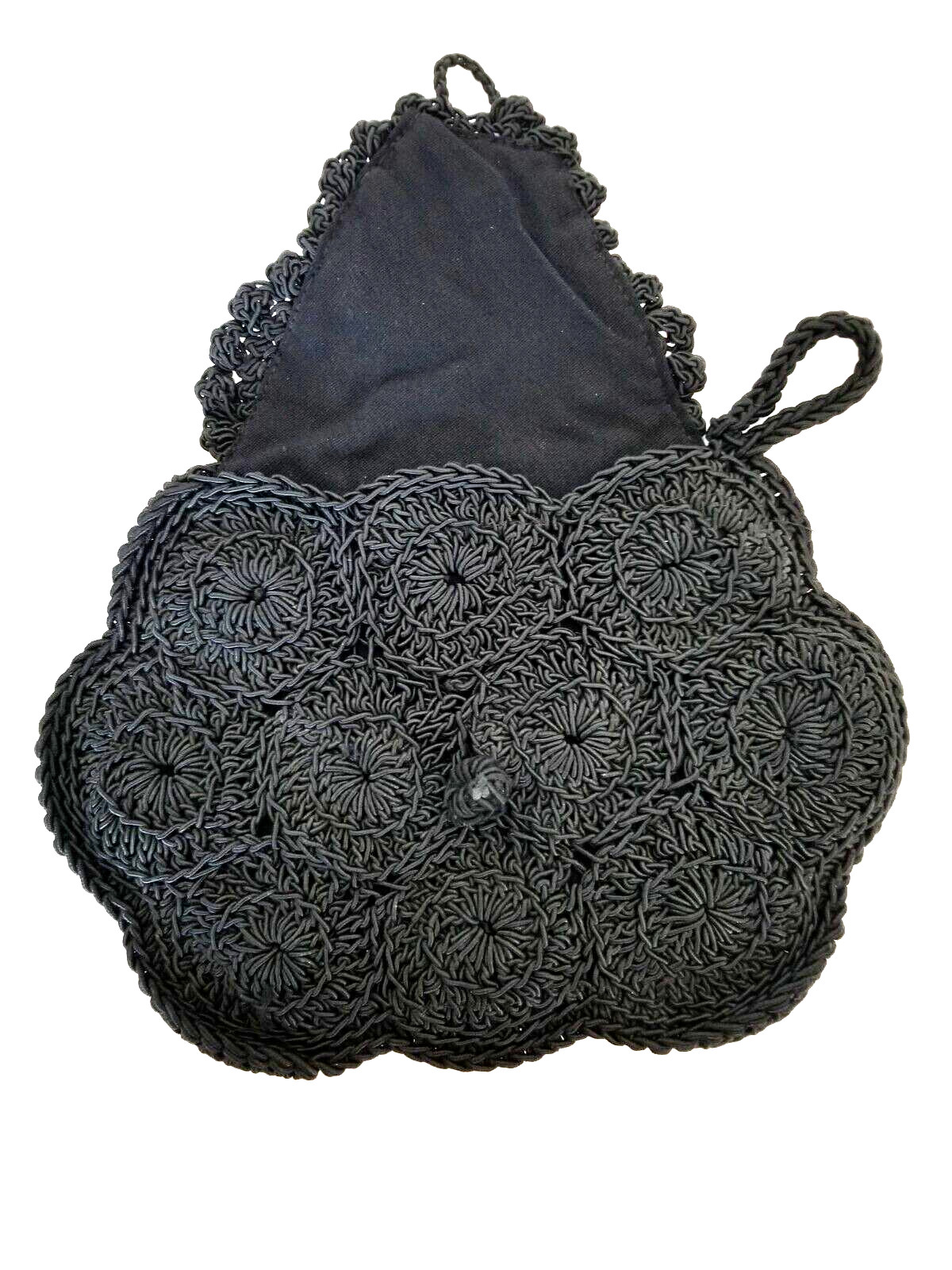 VINTAGE 1940’s Black Crochet Clam Shell Purse Bag, Ex… - Gem