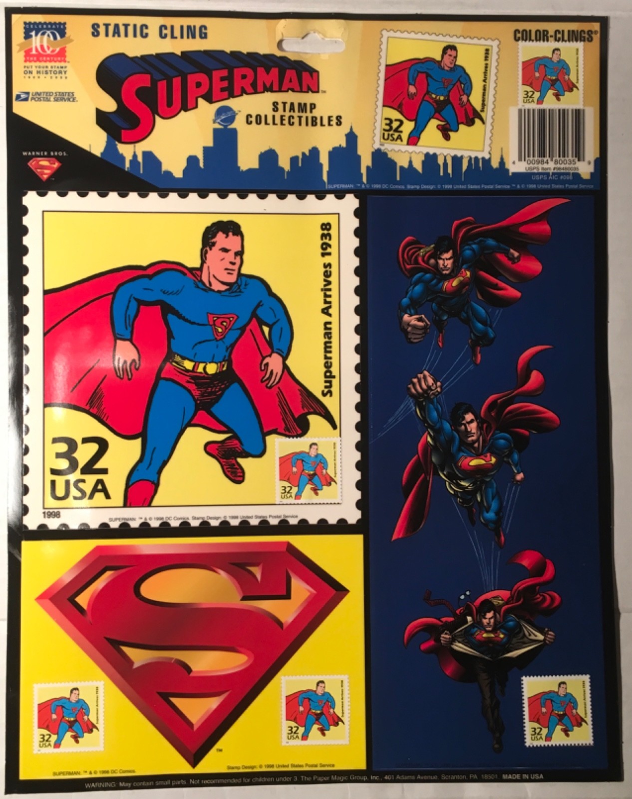 1998 USPS SUPERMAN STAMP COLOR CLINGS DC COMICS STAMPS UNITED STATES ...