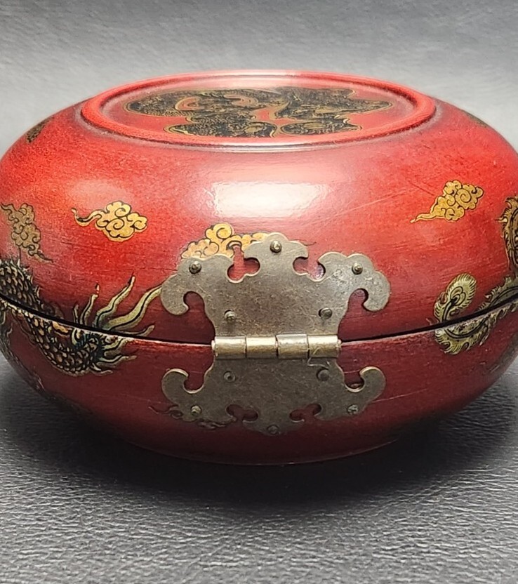 Wooden Trinket Jewelry Box Oriental Dragon Metal Hardware Red Black ...