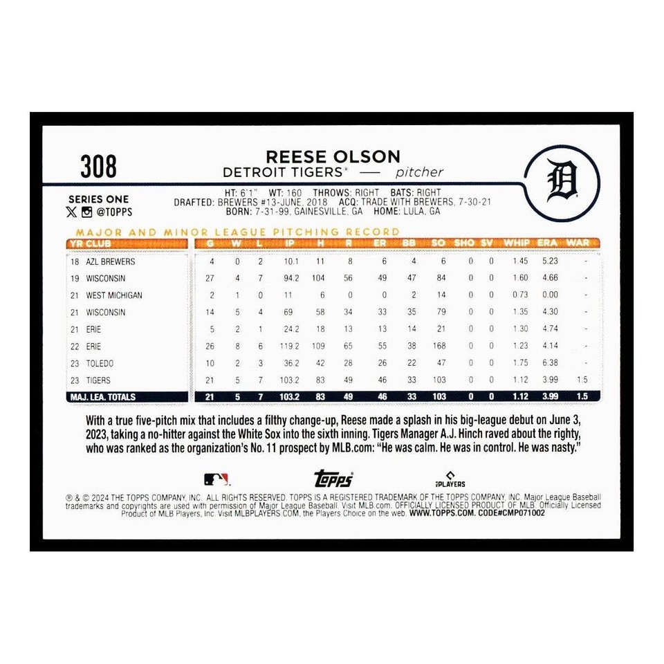 2024 Topps Series 1 #308 Reese Olson Rookie Detroit Tigers Baseball ...