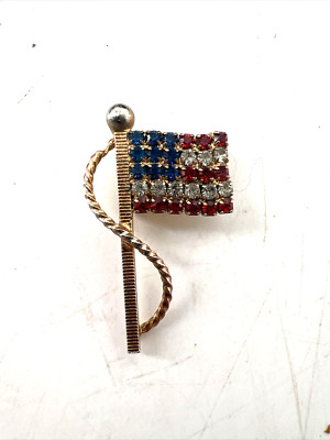American Flag Pin Brooch Rhinestone Gold Toned USA Patriotic 4th of ...