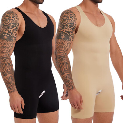 Men's Full Body Shaper Slimming Compression Bodysuit Thigh Slimmer ...