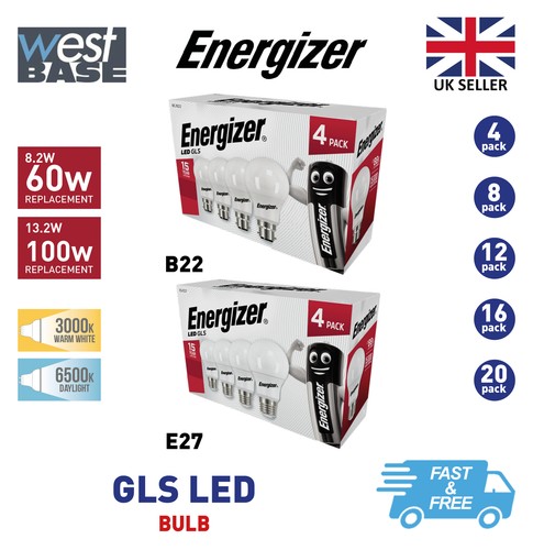 4 PACK Energizer GLS LED Light Bulbs 8.2W 60W 100W B22 BC E27 ES ...