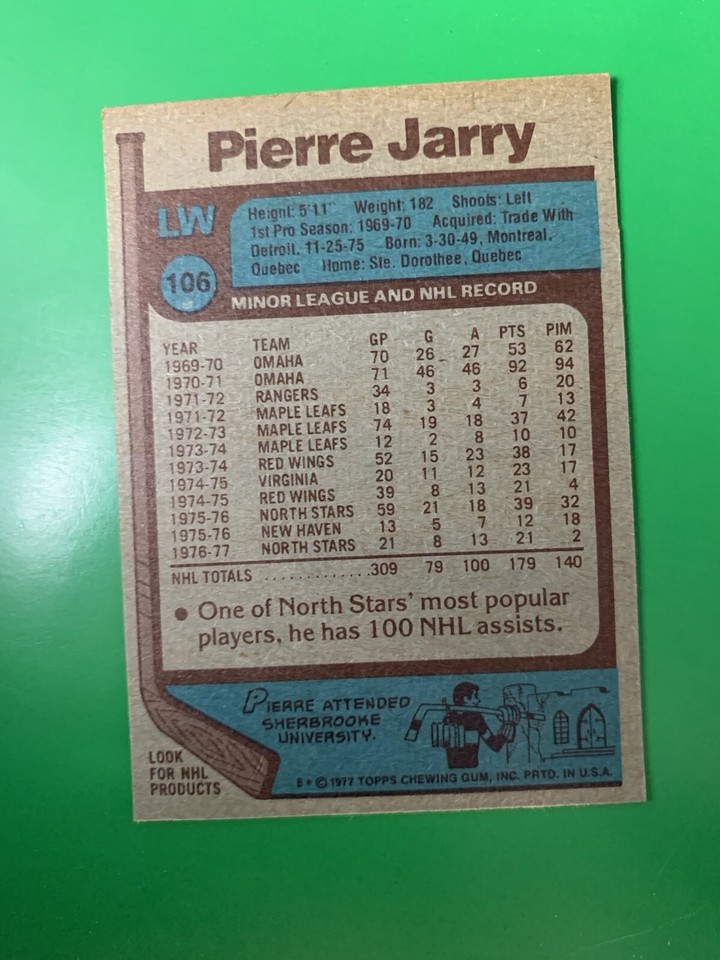 1977-78 Topps Pierre Jarry Minnesota North Stars #106 | eBay