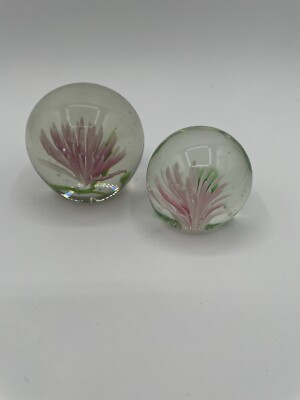 Clear Glass Pink Flower Paperweights Set Of 2 Matching 2.5” And 2” | eBay