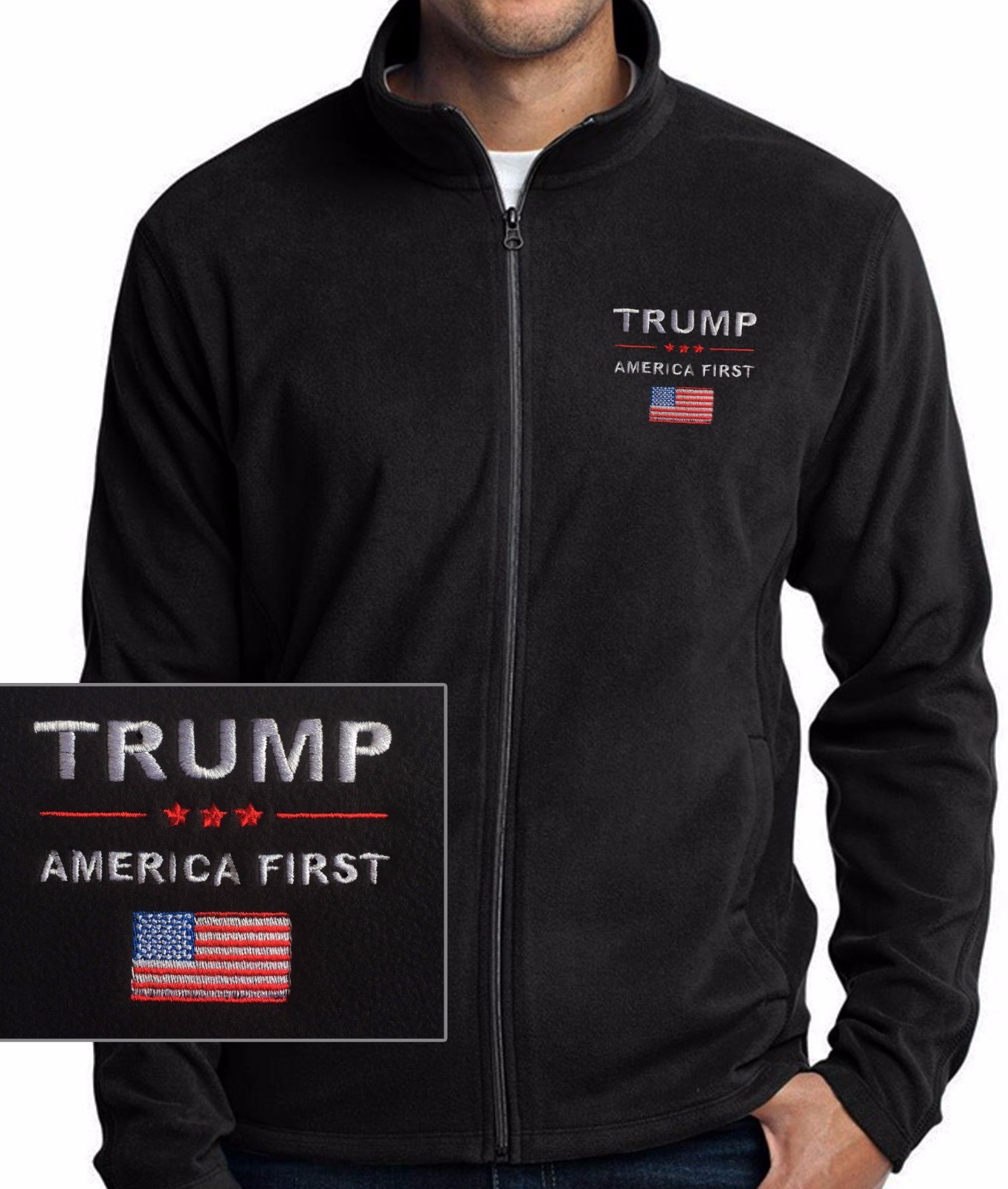 TRUMP AMERICA FIRST FLAG EMBROIDERED BLACK MICRO FLEECE JACKET DONALD ...