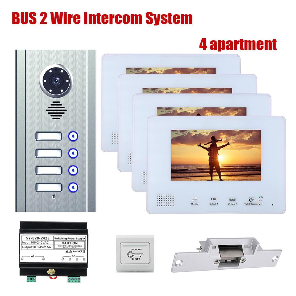 BUS 2 Wire Intercom systems Kit 1/2/3/4 Units Apartment 7 Inch Video ...