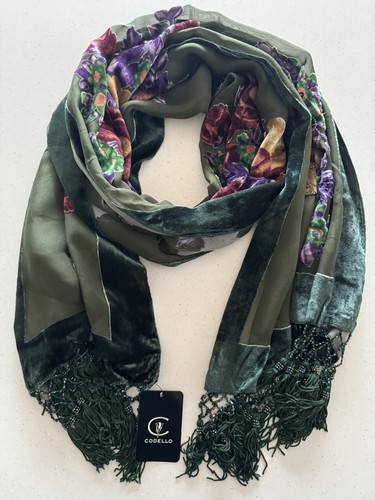 Codello green Luxury Large evening look silk velvet scarf stole floral ...