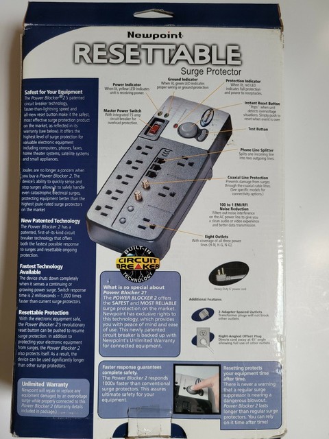 Newpoint Resettable Surge Protector 8 Outlet Telephone Line Coaxial ...
