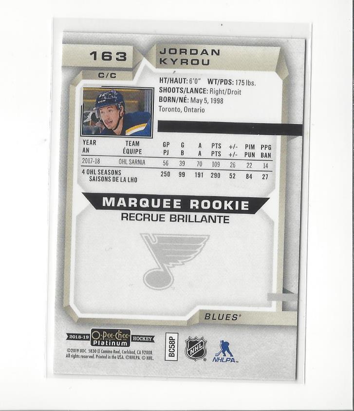 2018-19 O-Pee-Chee Platinum #163 Jordan Kyrou RC Rookie Blues | eBay
