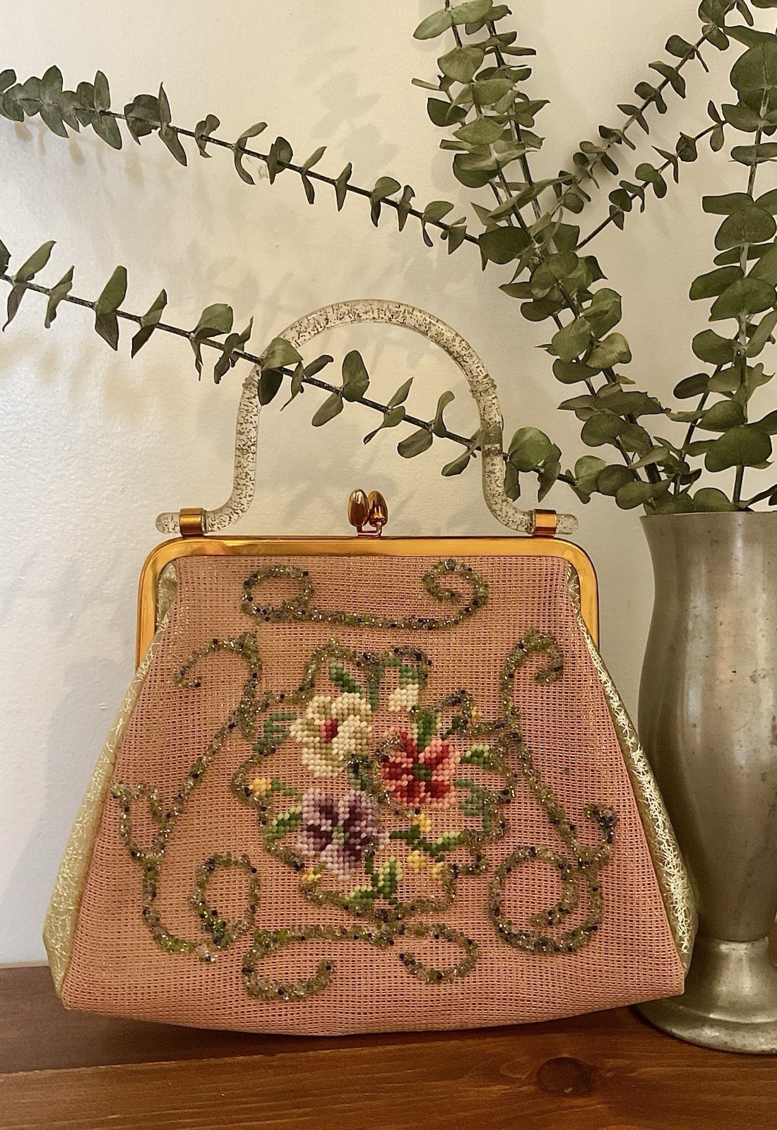 1950s Clear Plastic Purse, Vintage Embroidered Purse,… - Gem