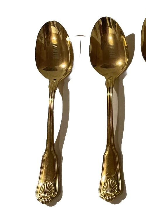 7 Estia Soup Spoons Gold Shell Pattern G.P. Korea Silverware Flatware 6 ...