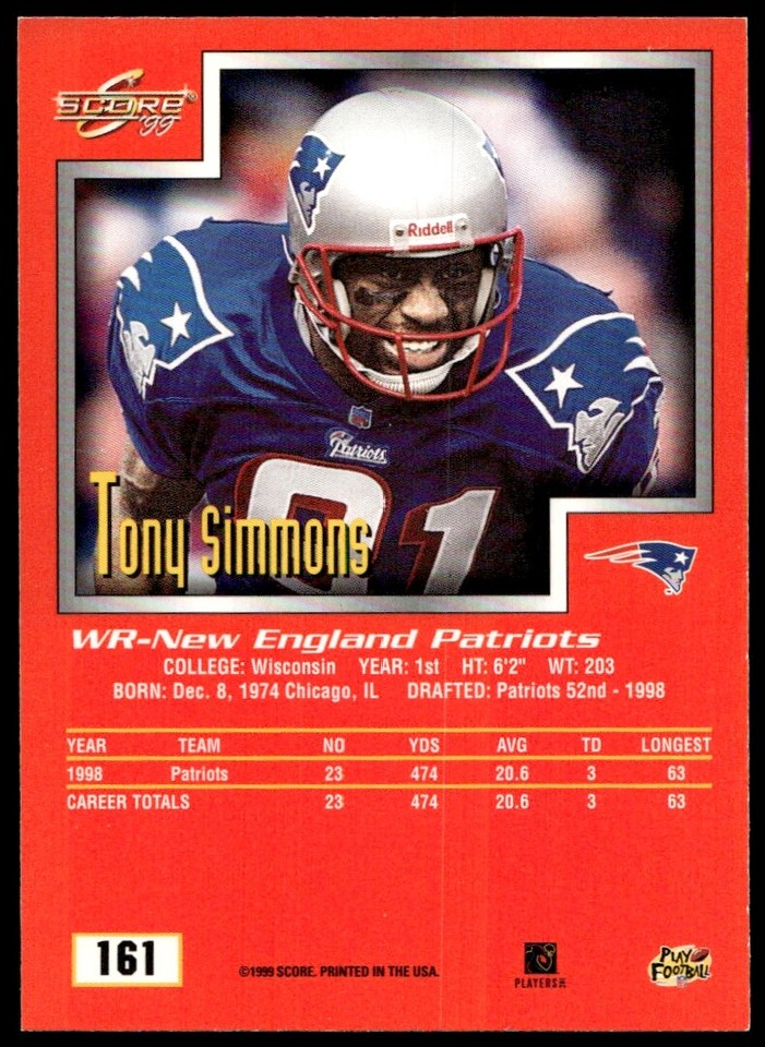 1999 Score #161 Tony Simmons PATRIOTS | eBay
