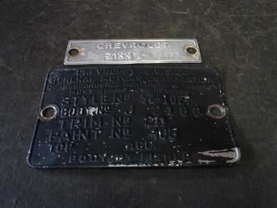 1952 52 CHEVROLET DELUXE LONG TRUNK COUPE COWL DATA BODY TAG TRIM CODE ...