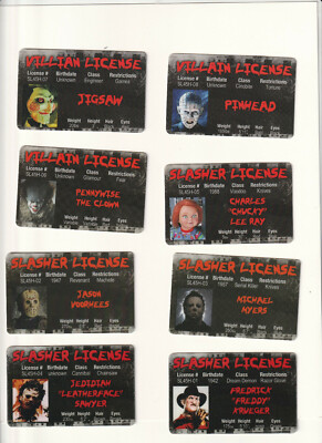 8 SLASHER FILM Identification ID card freddy krueger Leatherface ...