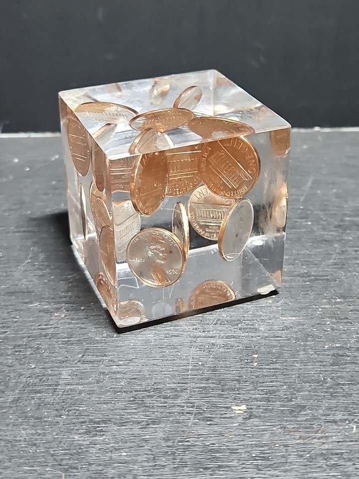 Vintage 1970s Lucite Acrylic Coin Cube Floating Pennies Paperweight 2 ...