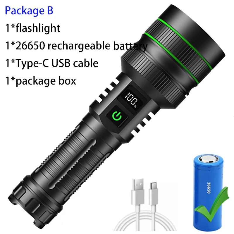 Bright Spotlight Long Range LED Flashlight Type-C Charging Strong Light ...