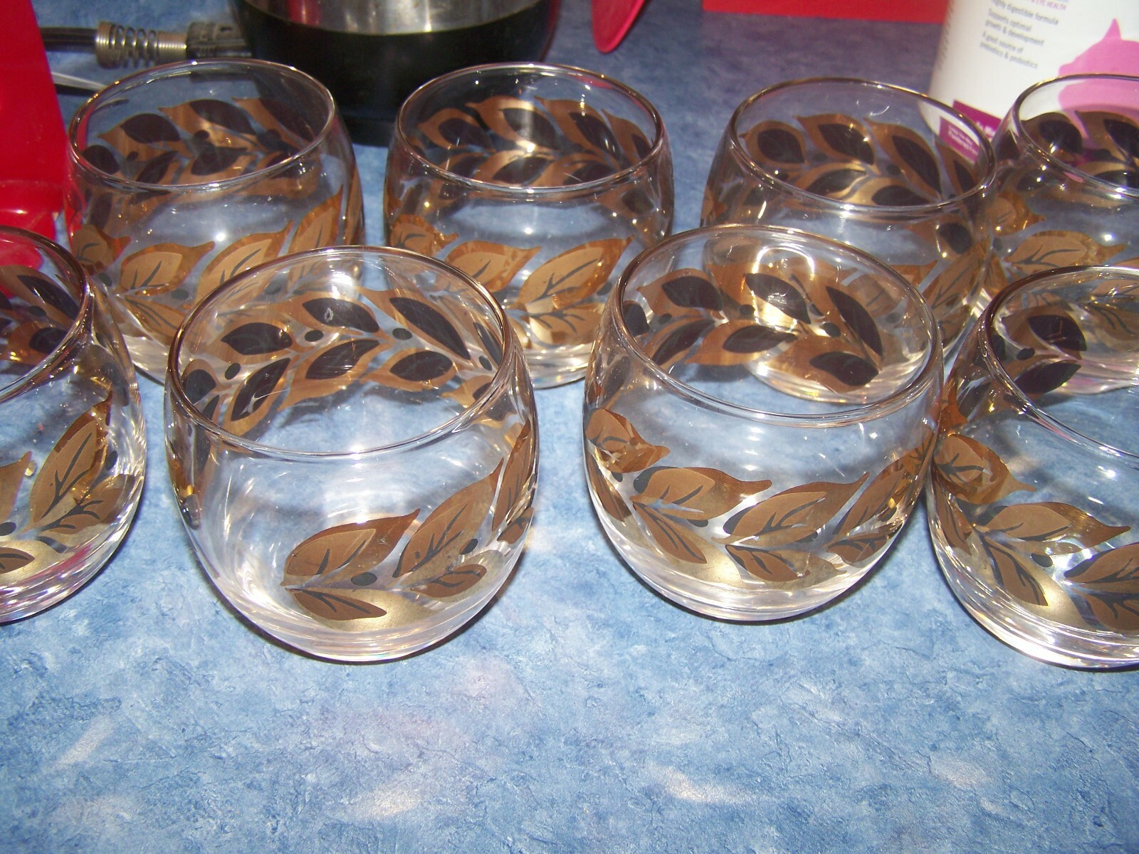 Vintage Federal Glass Roly Poly Glasses Gold Black Laurel Leaf Set of 8 ...