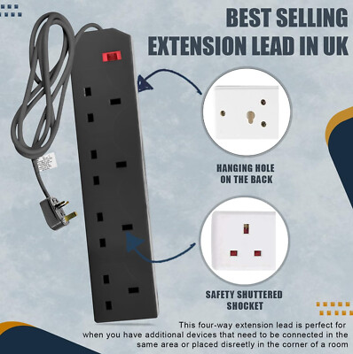 Extension Lead 4 Gang Way Plug Sockets 2M Cable Electric Mains Power | eBay