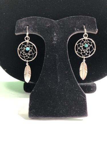 Vintage Sterling Silver Dream Catcher 925 Feather Turquoise Bead Hook Earrings | eBay