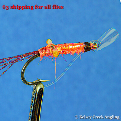 6-Pack Pink Crystal Shrimp Fly, Saltwater Fly, bonefish tarpon permit ...