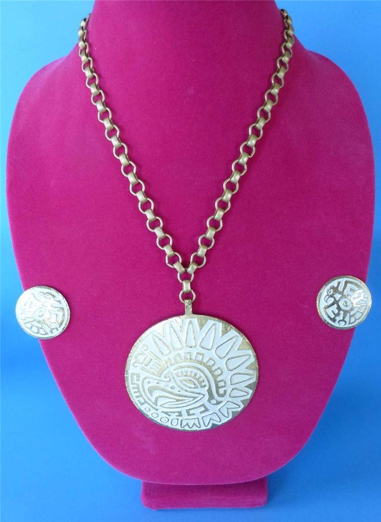 Trifari 1970s Aztec Mayan Whitewash Over Gold Runway … - Gem