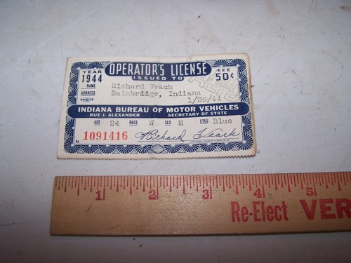 1944 INDIANA Operators Drivers License - Richard Veach Bainbridge IN | eBay