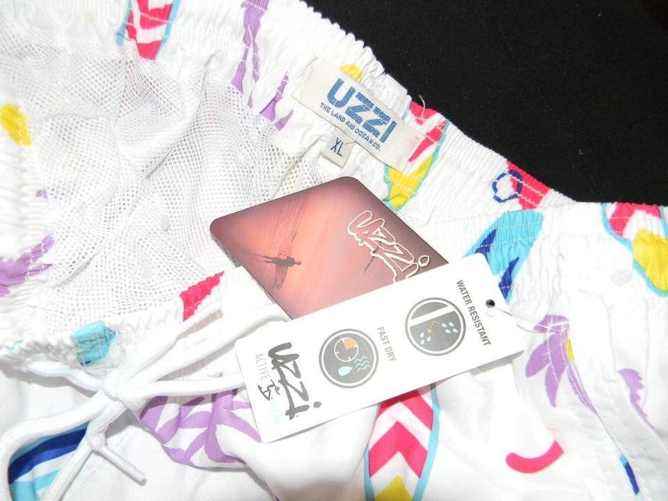 Uzzi Men's Swim Suit Trunks White Blue Neon Pink Retro Pattern NWT | eBay