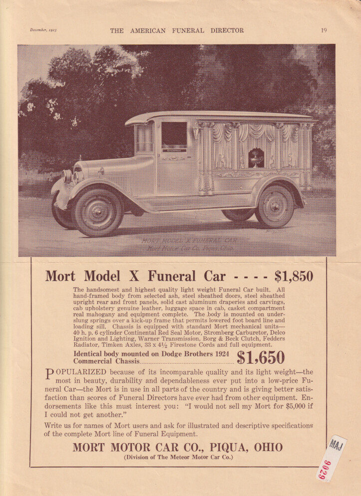 Mort Model X Funeral Car on Dodge Commercial Chassis ad 1924 | eBay