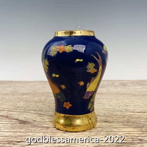 5.4"China Antique porcelain Song Ru kiln Gilt flower vase with fish ...