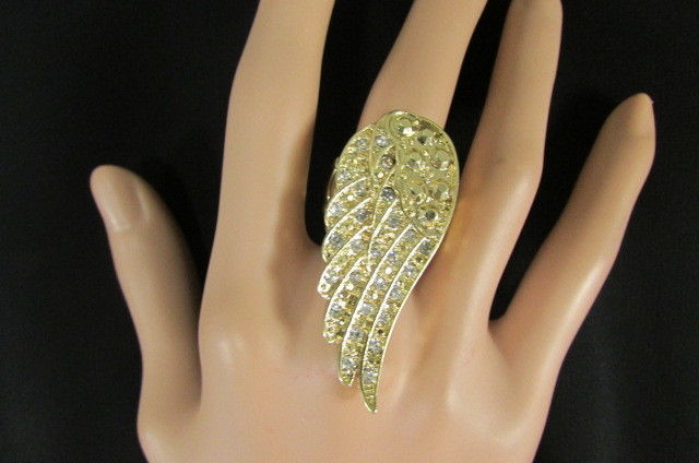 WOMEN FASHION RING LARGE GOLD METAL BIG LONG EAGLE ANGEL WING BEADS ...