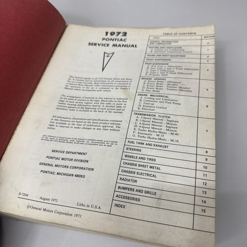 1972 PONTIAC / TRANS AM / FIREBIRD / GTO+ SHOP MANUAL /OEM ORIGINAL ...