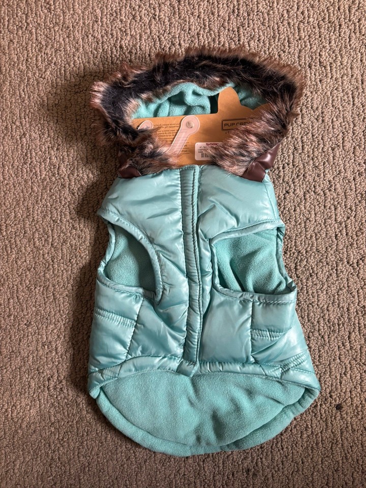 Pup Crew Dog Jacket / Vest w/Hood & Faux Fur Trim,Fleece Lined, TEAL ...