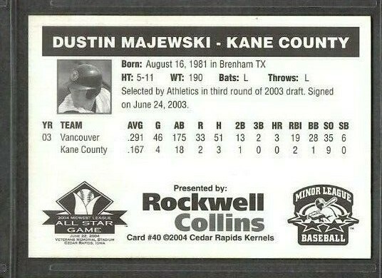 2004 #40 Dustin Majewski Kane County Cougars Baseball Signed Autograph ...