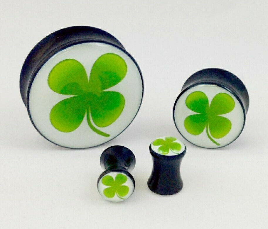 PAIR Four Leaf Clover Plugs Logo Double Flare Saddle Shamrock St ...