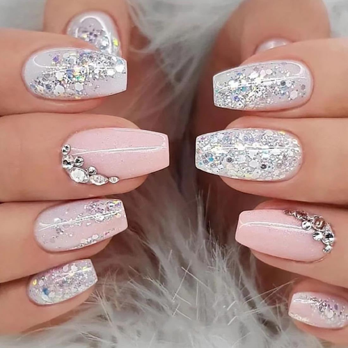 24Pcs French Medium Crystal Flower Fake Nails Nude Flash Powder False ...