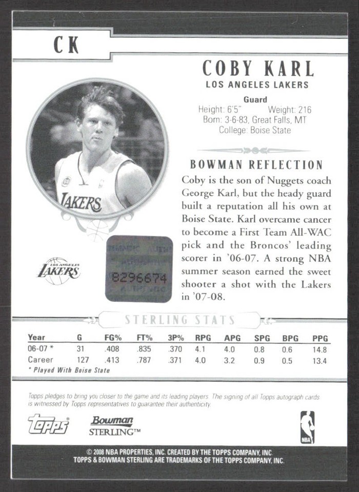 Coby Karl 2007-08 Bowman Sterling Auto #CK RC,AU Los Angeles Lakers | eBay