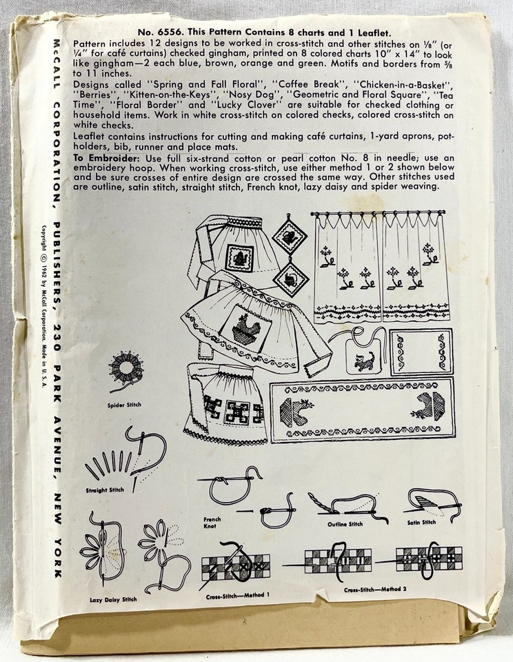 1962 McCalls Cross Stitch Charts Pattern 6556 8 Designs For Gingham ...
