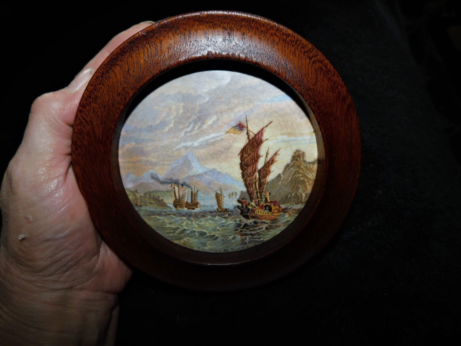 RARE ANTIQUE PRATT PRATTWARE POT LID IN WOODEN FRAME THE NING PO RIVER ...