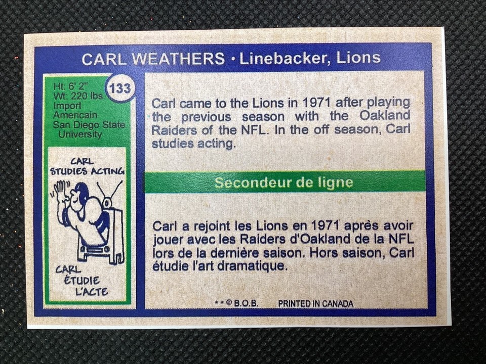 1972 BCC Custom Card Carl Weathers ~ "Apollo Creed" Rocky ~ B.C. Lions ...