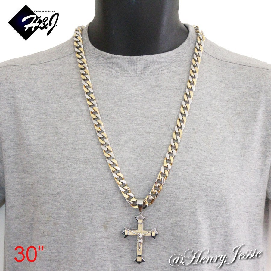 24"30"Stainless Steel 11mm Black/Gold Plated Cuban Curb Chain Cross ...