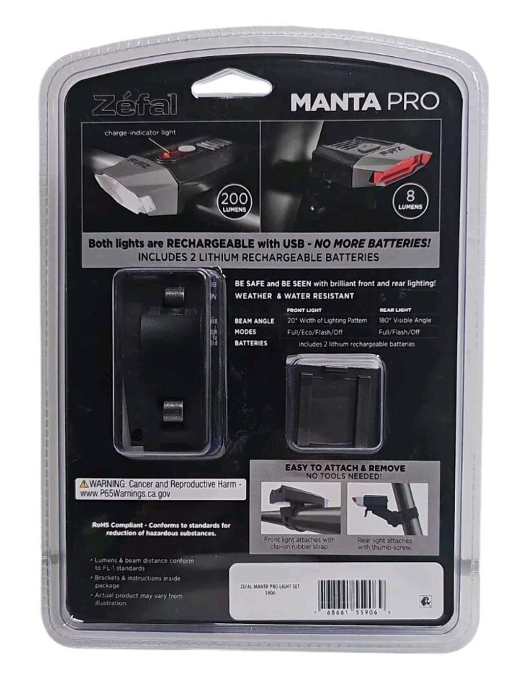 Zefal Manta Pro 200 Lumens Bike Front & Rear Lights- Rechargeable with ...