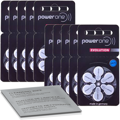 60 Power One Evolution hearing aid batteries with cleaning cloth P675 ...