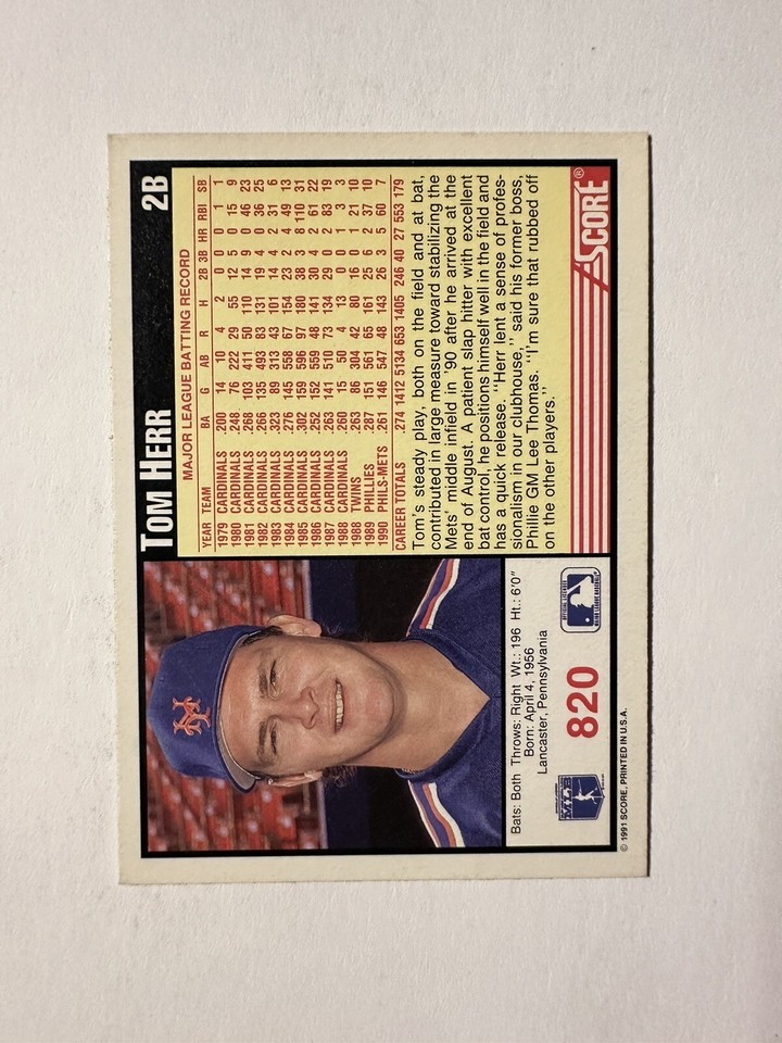 Tom Herr Mets Signed 1991 Score Baseball Card #820 [0448] | eBay