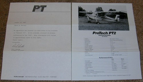 ProTech PT2 Airplane Aircraft Dealer Sales Brochure Spec Sheet + Company Letter | eBay
