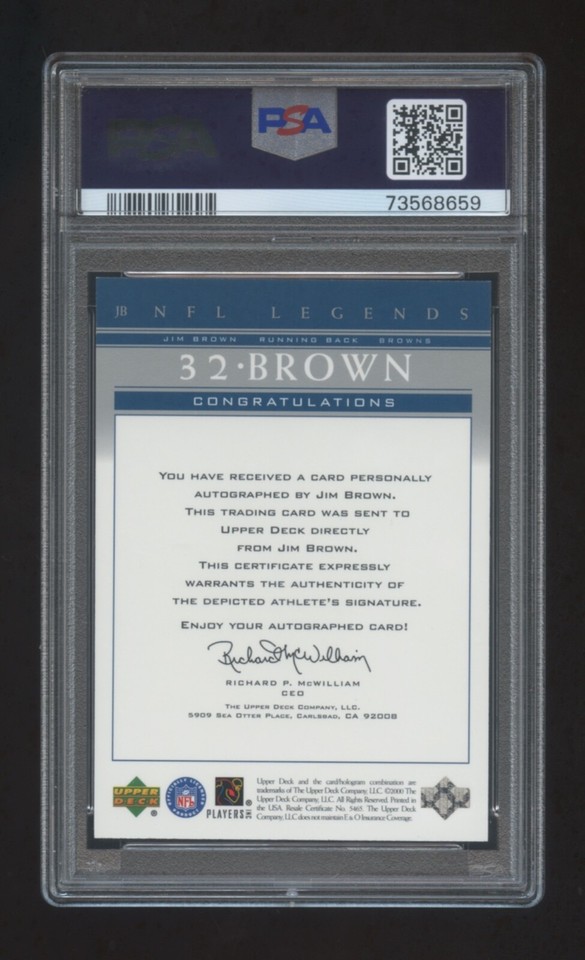 POP 4 PSA 9 Jim Brown 2000 UD LEGENDS AUTOGRAPH SP AUTO ON CARD NO 10'S ...