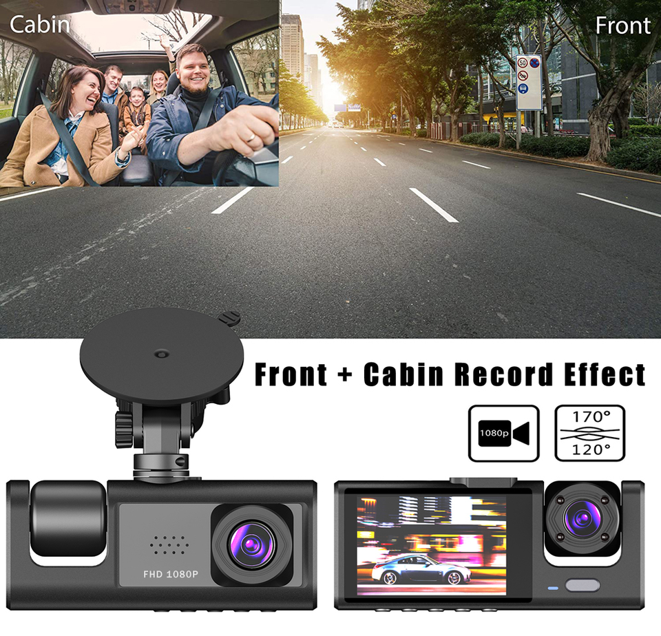 Car Dual Lens Dash Cam HD 1080P Front/Rear/Inside Video Recorder Camera ...
