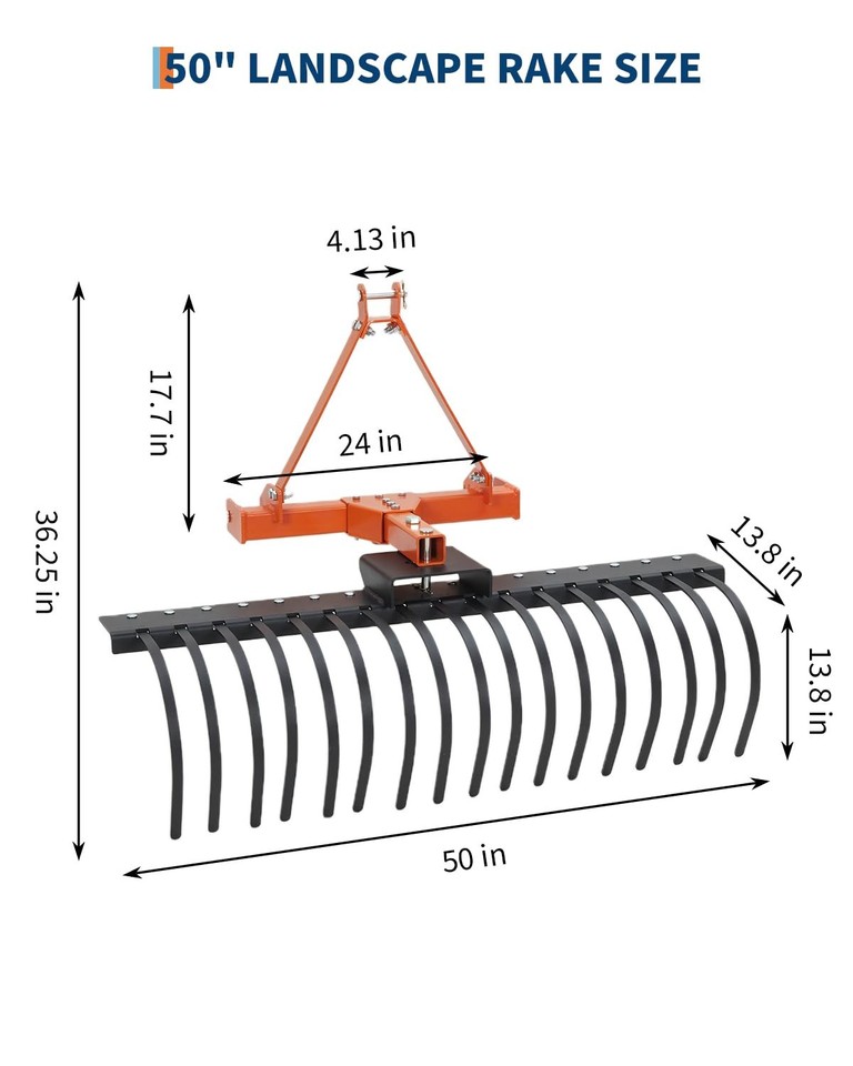 50" Landscape Rake 3Point Hitch Tractor Rake for Cat-0 Cat-1 Tractor ...