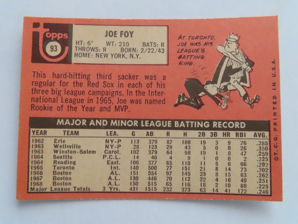 Signed Autographed 1969 Topps Baseball Card #93 Joe Foy Kansas City ...